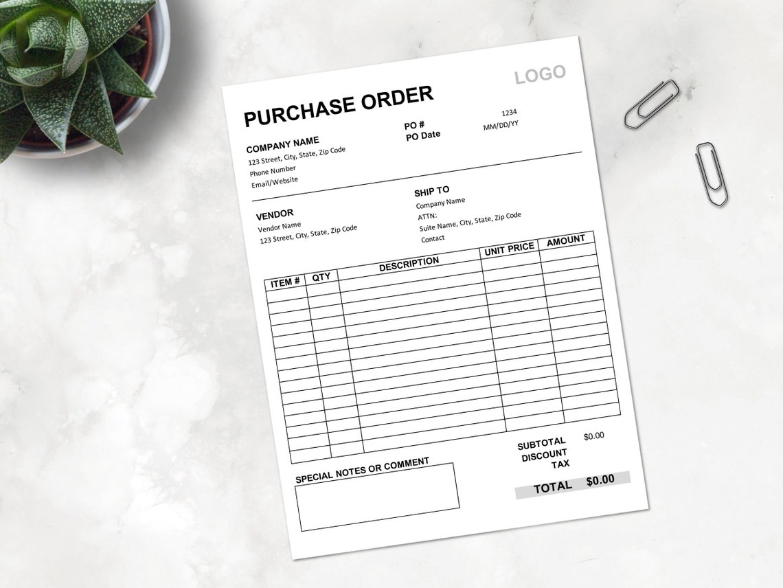 Purchase Order Template, Editable Template, MS Excel, Auto Calculation ...