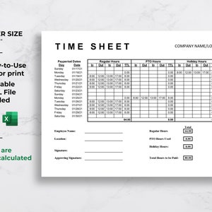 Time Sheet Printable PDF, Time Sheet Template Editable MS Excel, Auto ...