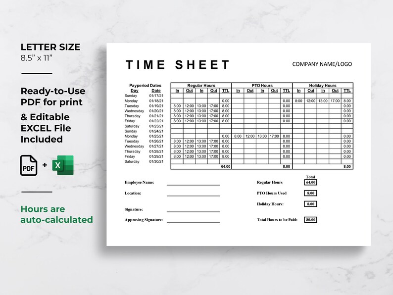 Time Sheet Printable PDF, Time Sheet Template Editable MS Excel, Auto ...