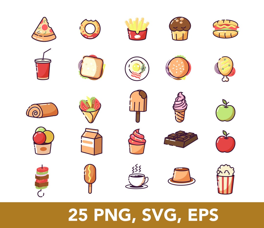Food Icons Clip Art, Hand Drawn,pizza,donut,fries,cake,burger,bread ...