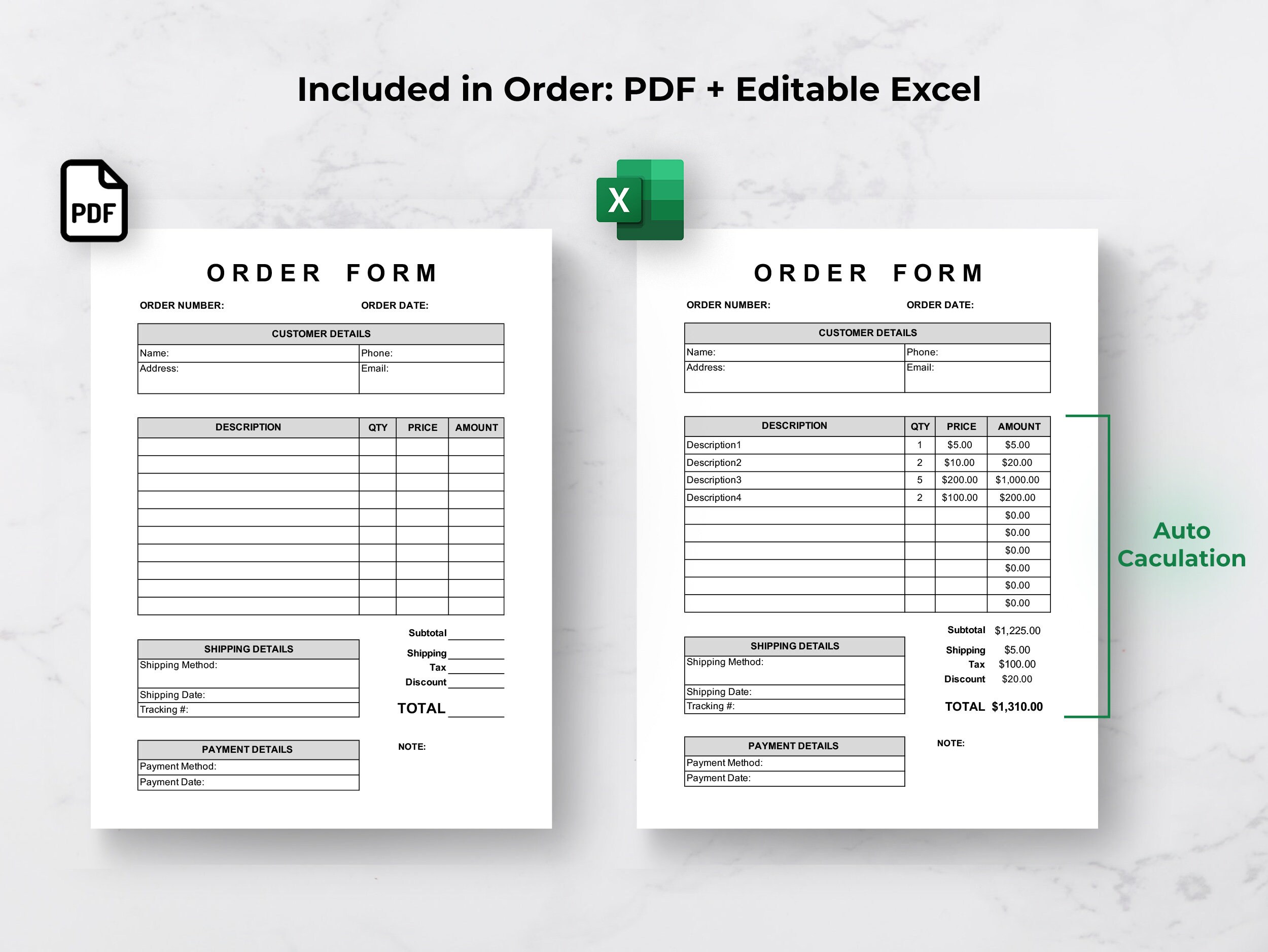 Order Form Printable, Editable MS Excel Included, Auto Calculation ...