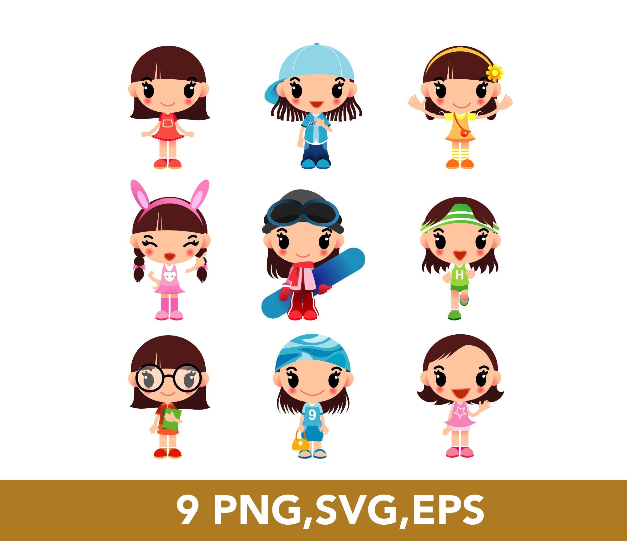 Happy Cute Girl Kid Cartoon Characters SVG Bundle, PNG, EPS, Vector ...