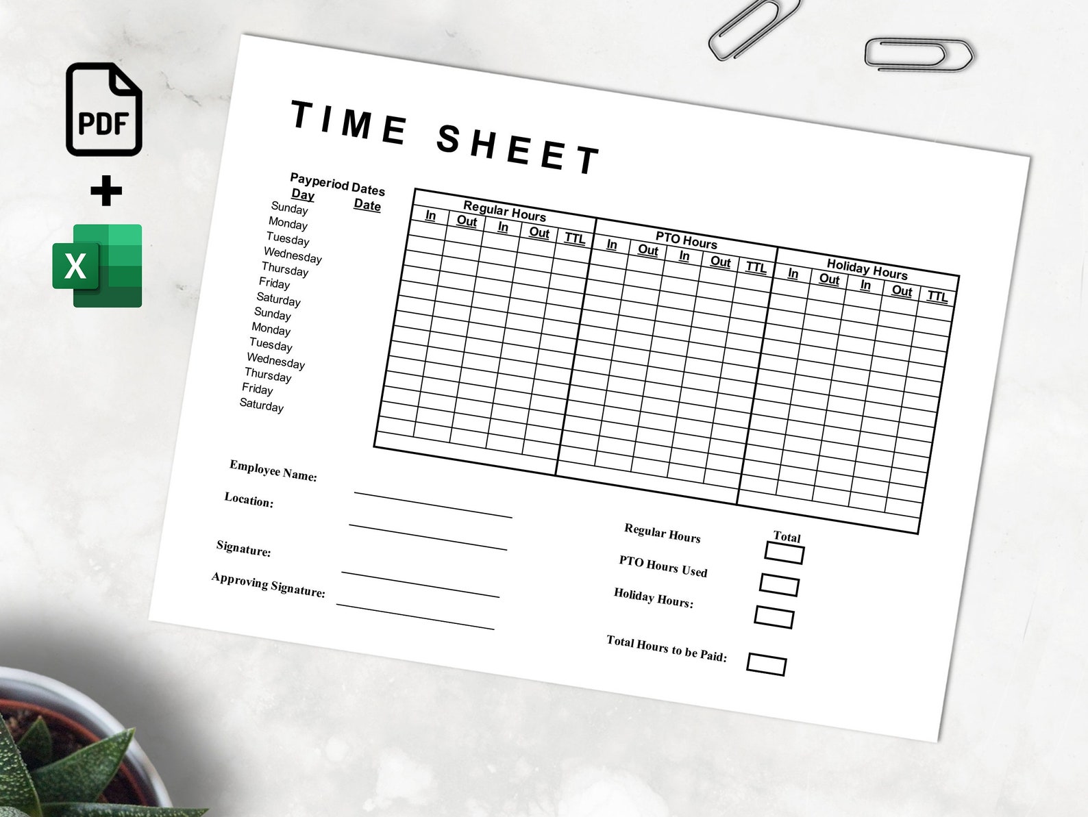 Time Sheet Printable PDF, Time Sheet Template Editable MS Excel, Auto ...