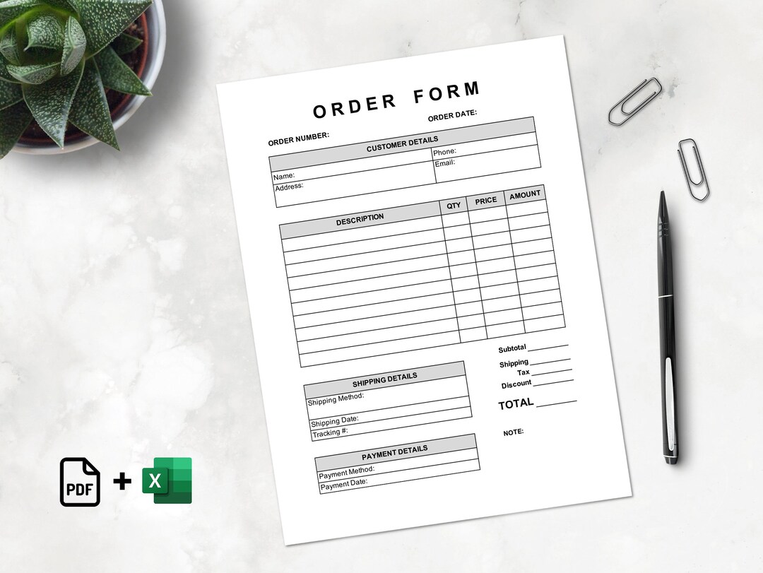 Order Form Printable, Editable MS Excel Included, Auto Calculation ...