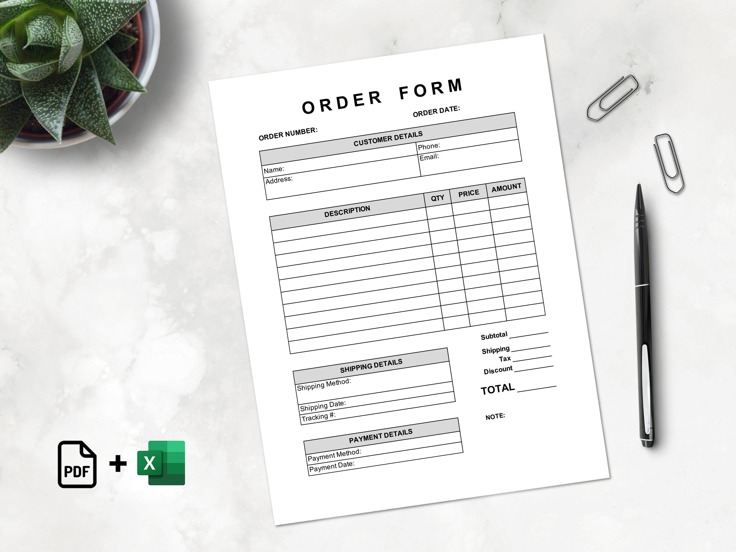 Order Form Printable, Editable MS Excel Included, Auto Calculation ...