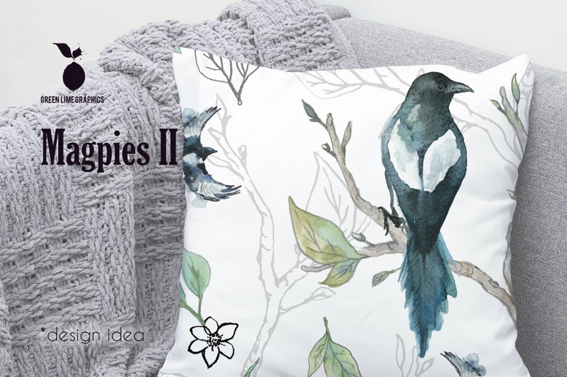 Magpies Watercolor Seamless Pattern: Bird Fabric Design (JPEG) - Etsy
