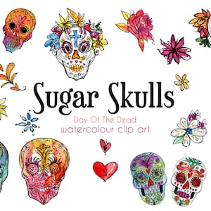 Sugar Skulls Clip Art, Day of the Dead Clip Art, Watercolour Skulls ...