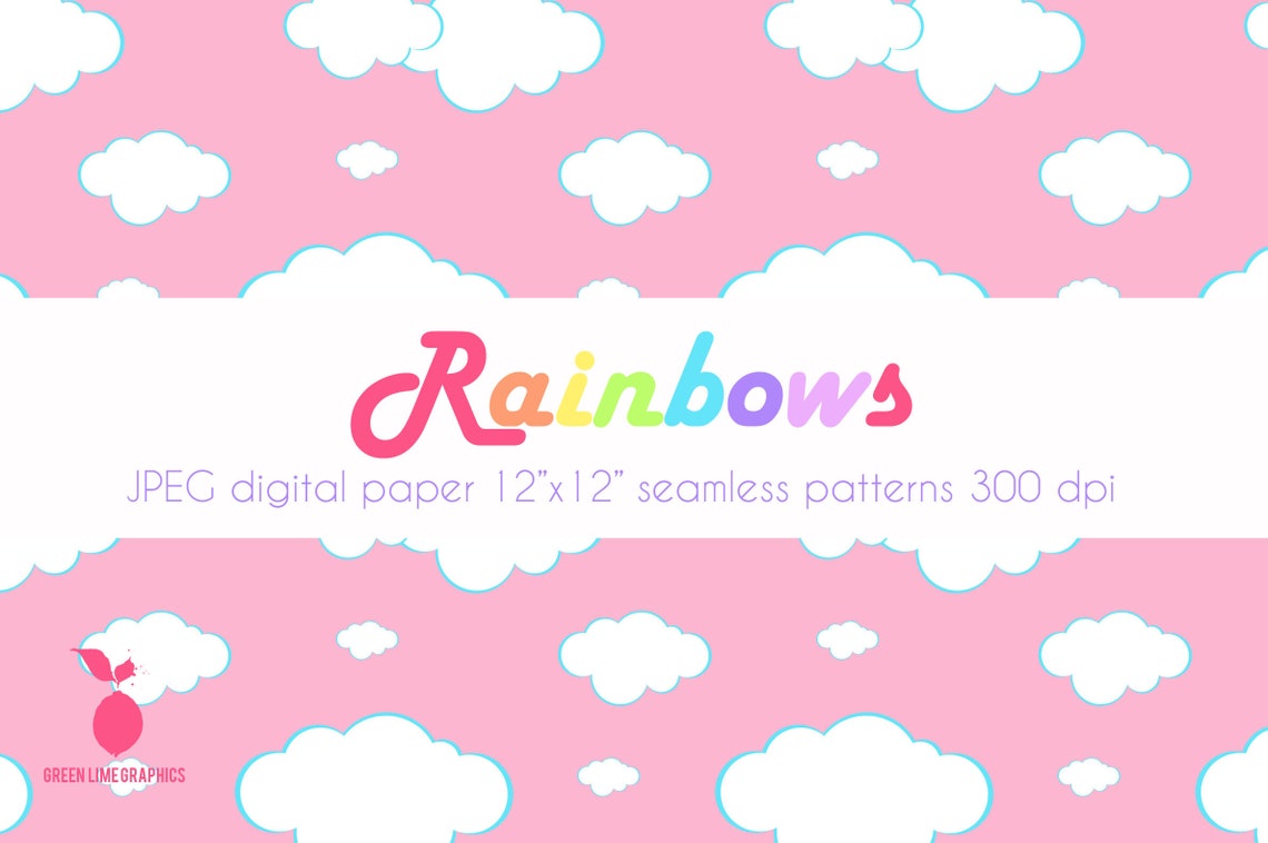 Rainbow Seamless Pattern Digital Paper: Clouds & Hearts (JPEG) - Etsy