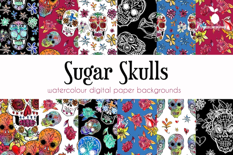 Sugar Skulls Digital Paper, Day of the Dead Pattern, Watercolour Skulls ...