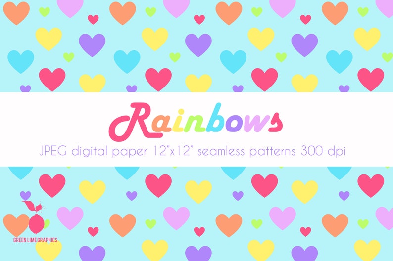 Rainbow Seamless Pattern Digital Paper: Clouds & Hearts (JPEG) - Etsy