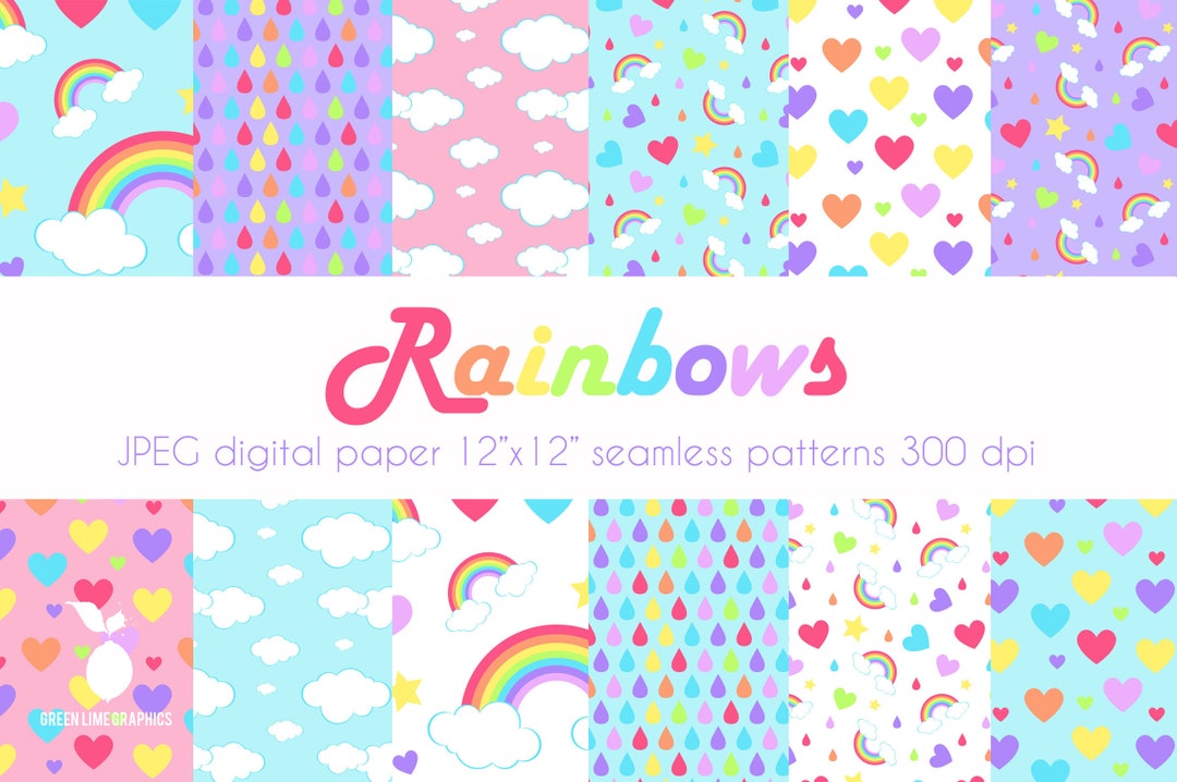 Rainbow Seamless Pattern Digital Paper: Clouds & Hearts (JPEG) - Etsy