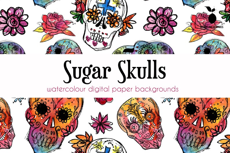 Sugar Skulls Digital Paper, Day of the Dead Pattern, Watercolour Skulls ...
