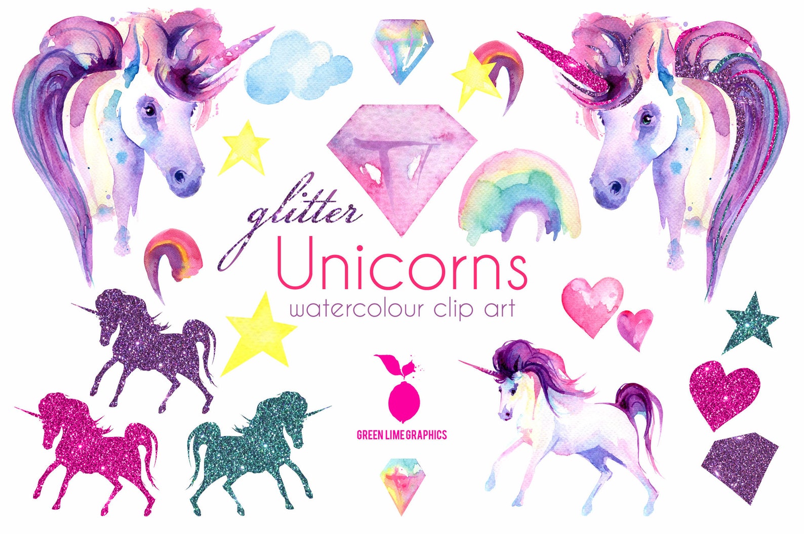 Watercolour Unicorn Clipart Glitter Unicorn Clipart Unicorn - Etsy