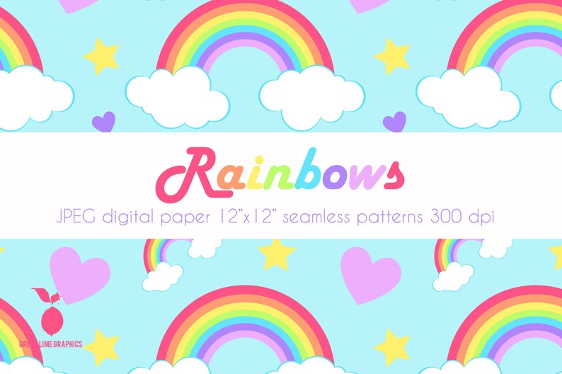 Rainbow Seamless Pattern Digital Paper: Clouds & Hearts (JPEG) - Etsy
