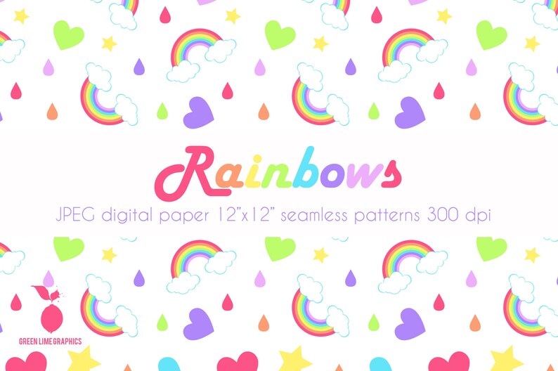 Rainbow Seamless Pattern Digital Paper: Clouds & Hearts (JPEG) - Etsy
