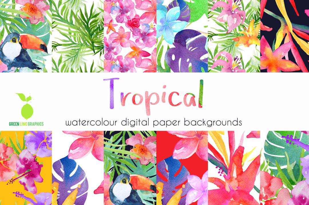 Watercolour Tropical Digital Paper, Summer Digital Paper, Bright Floral ...
