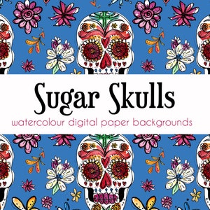 Sugar Skulls Digital Paper, Day of the Dead Pattern, Watercolour Skulls ...