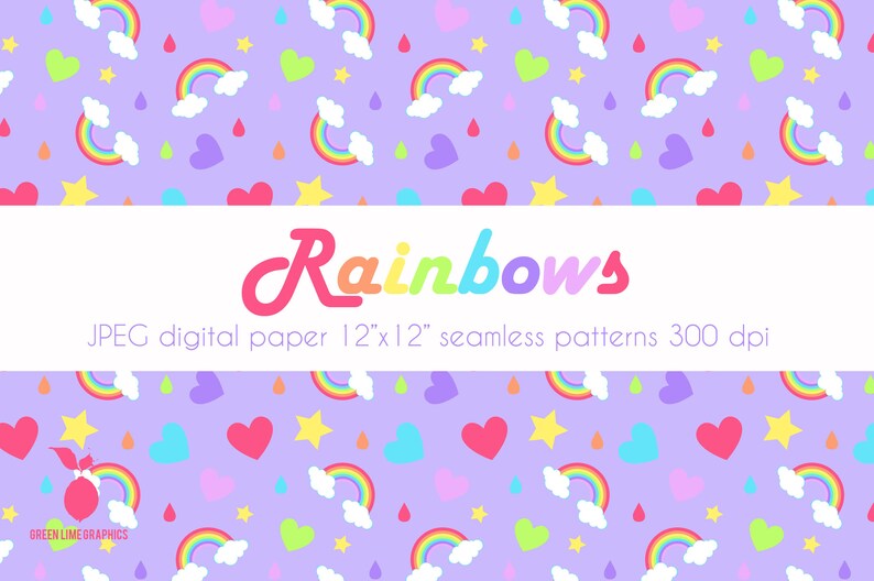 Rainbow Seamless Pattern Digital Paper: Clouds & Hearts (JPEG) - Etsy
