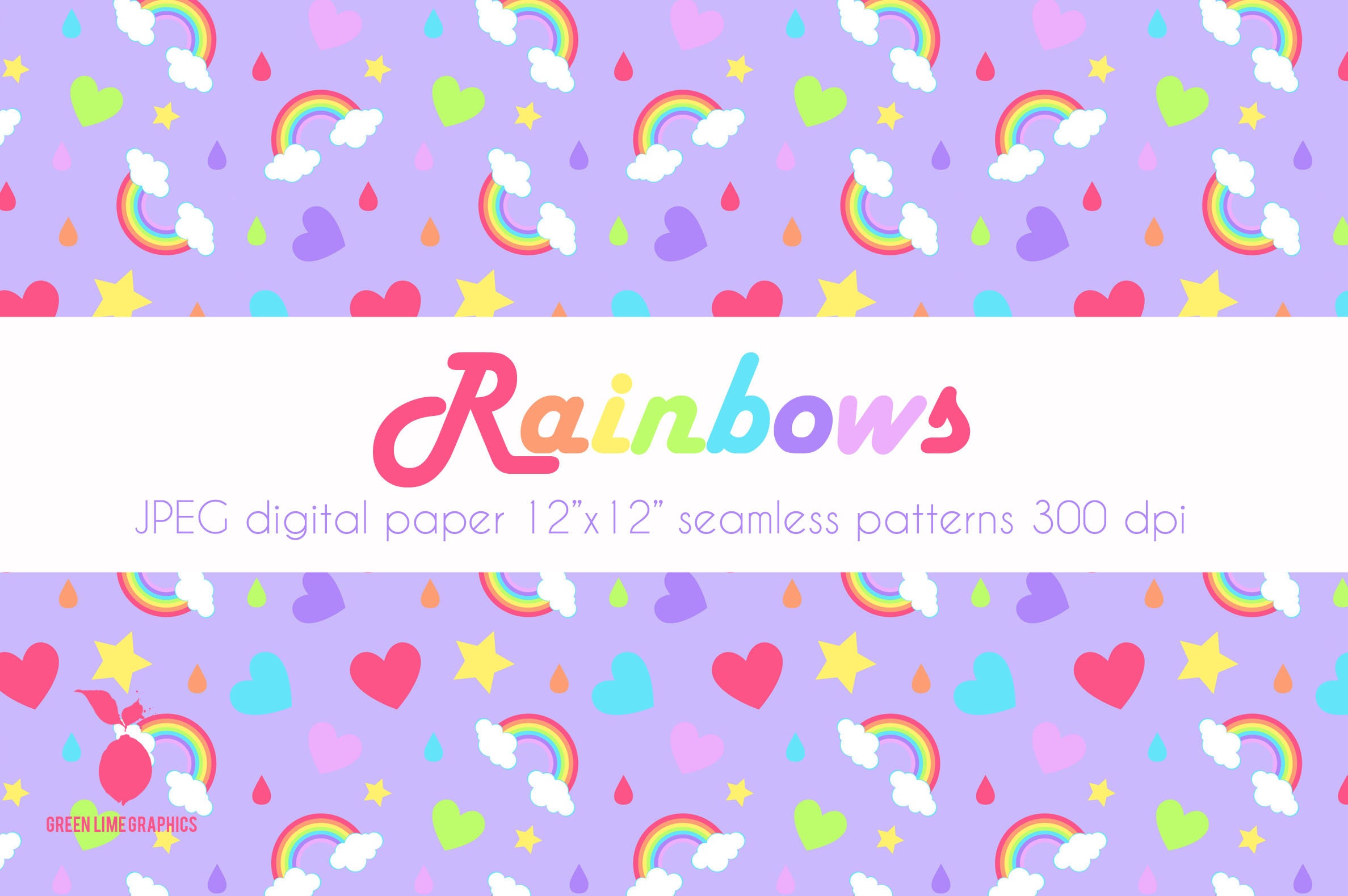 Rainbow Seamless Pattern Digital Paper: Clouds & Hearts (JPEG) - Etsy