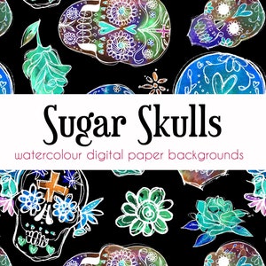 Sugar Skulls Digital Paper, Day of the Dead Pattern, Watercolour Skulls ...