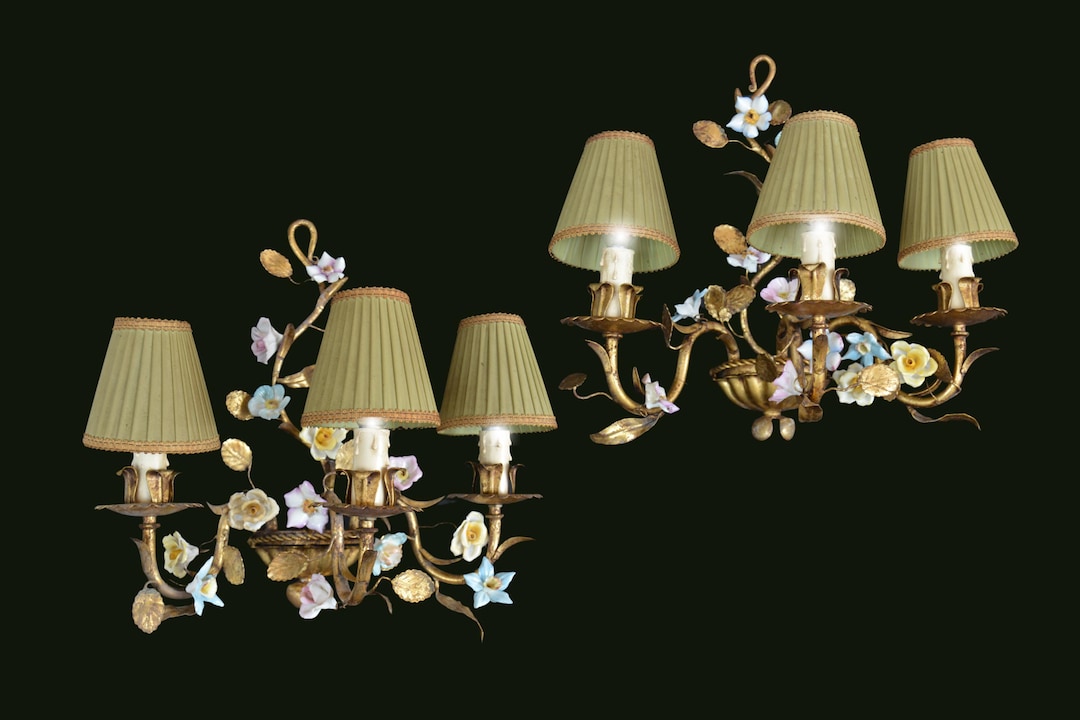 Antique Tole Wall Sconces Chandelier Flowers French Louis XV Porcelain ...