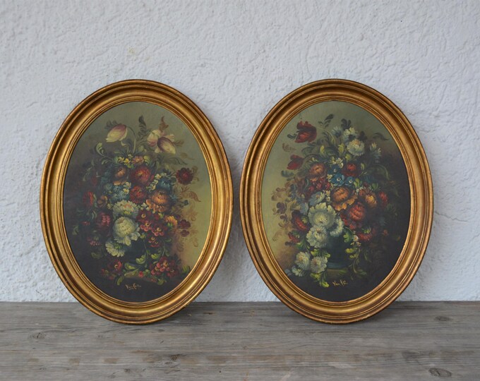 Pair of Van Ros Painting Vintage Oval Signed Floral Painted Framed in ...