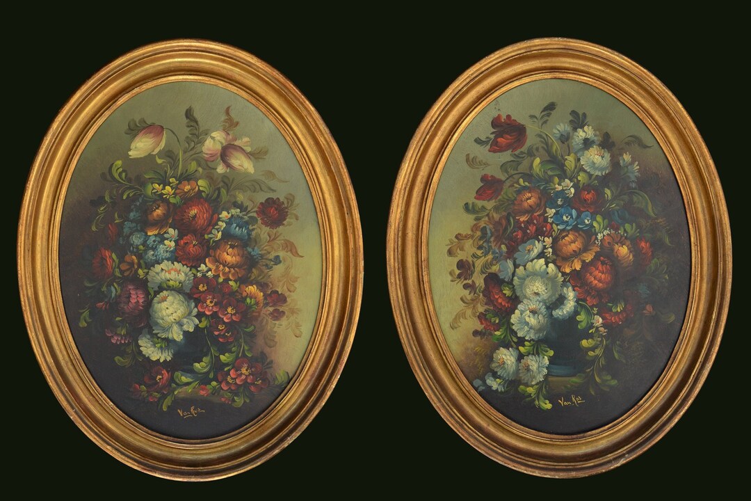 Pair of Van Ros Painting Vintage Oval Signed Floral Painted Framed in ...