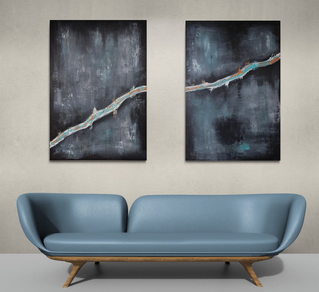 Original Abstract Painting Art Set - Black, Grey, Turquoise, Texture ...