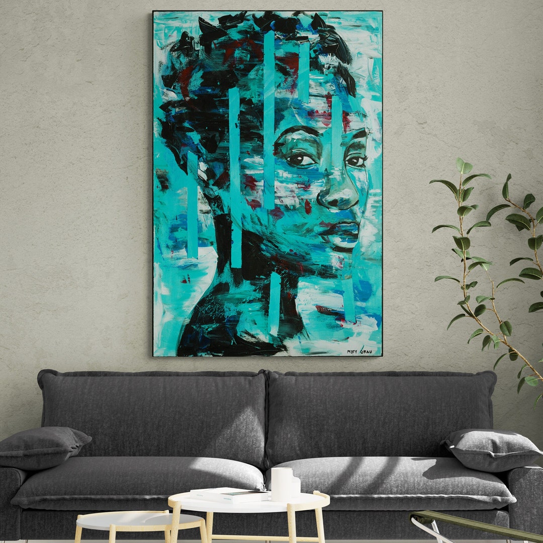 Turquoise African Woman Portrait Original Painting by Moty Grau ...