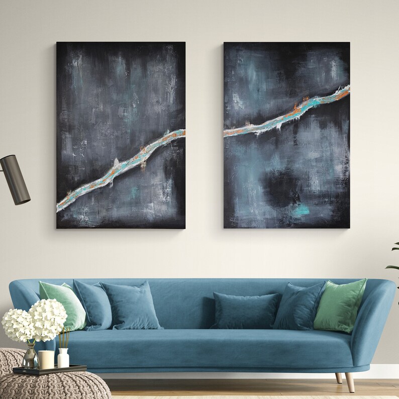 Original Abstract Painting Art Set - Black, Grey, Turquoise, Texture ...