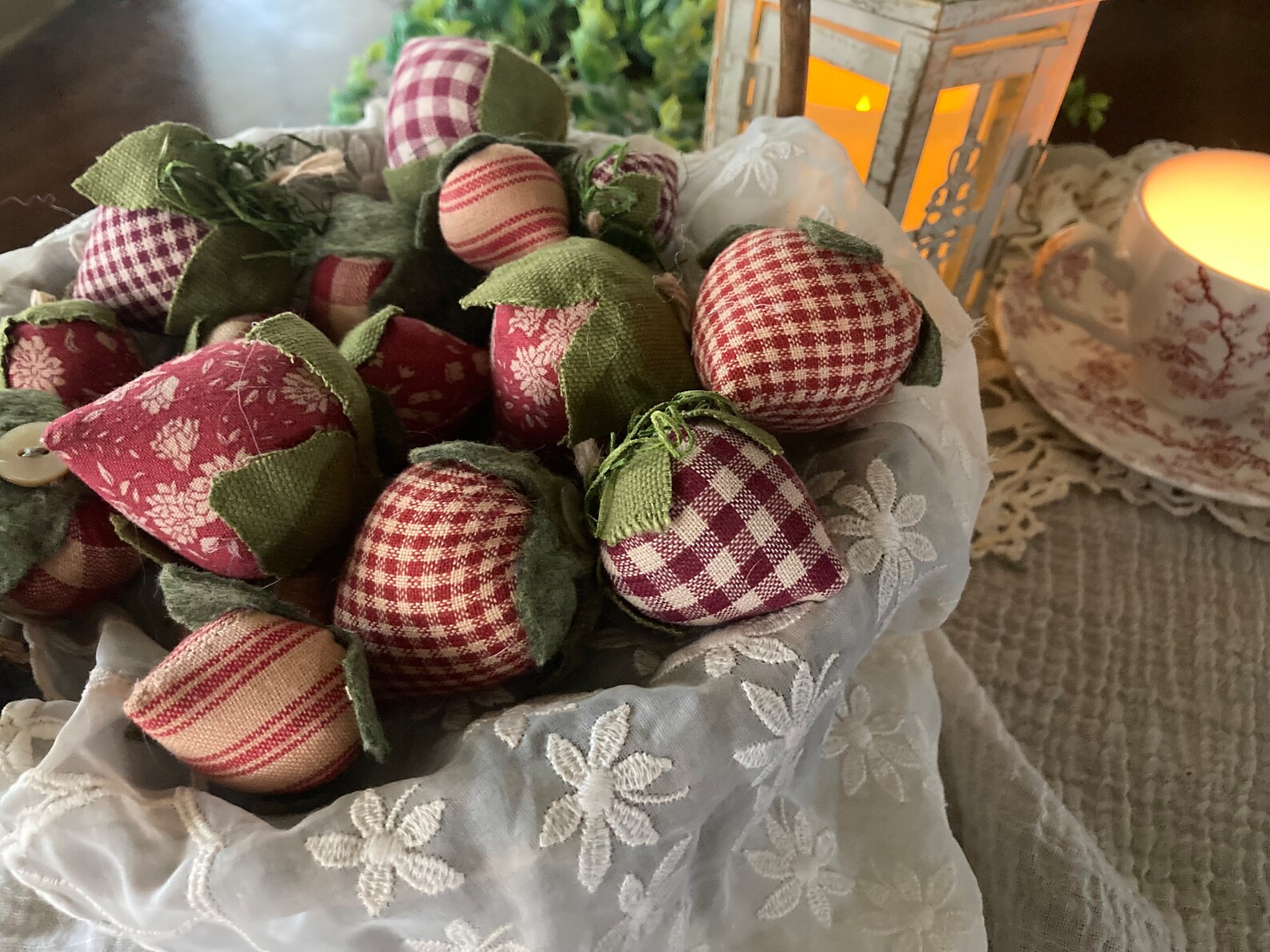 Fabric Strawberries primitive,vintage Farmhouse Country Spring Cottage Bowl Fill, Tiered Tray ...