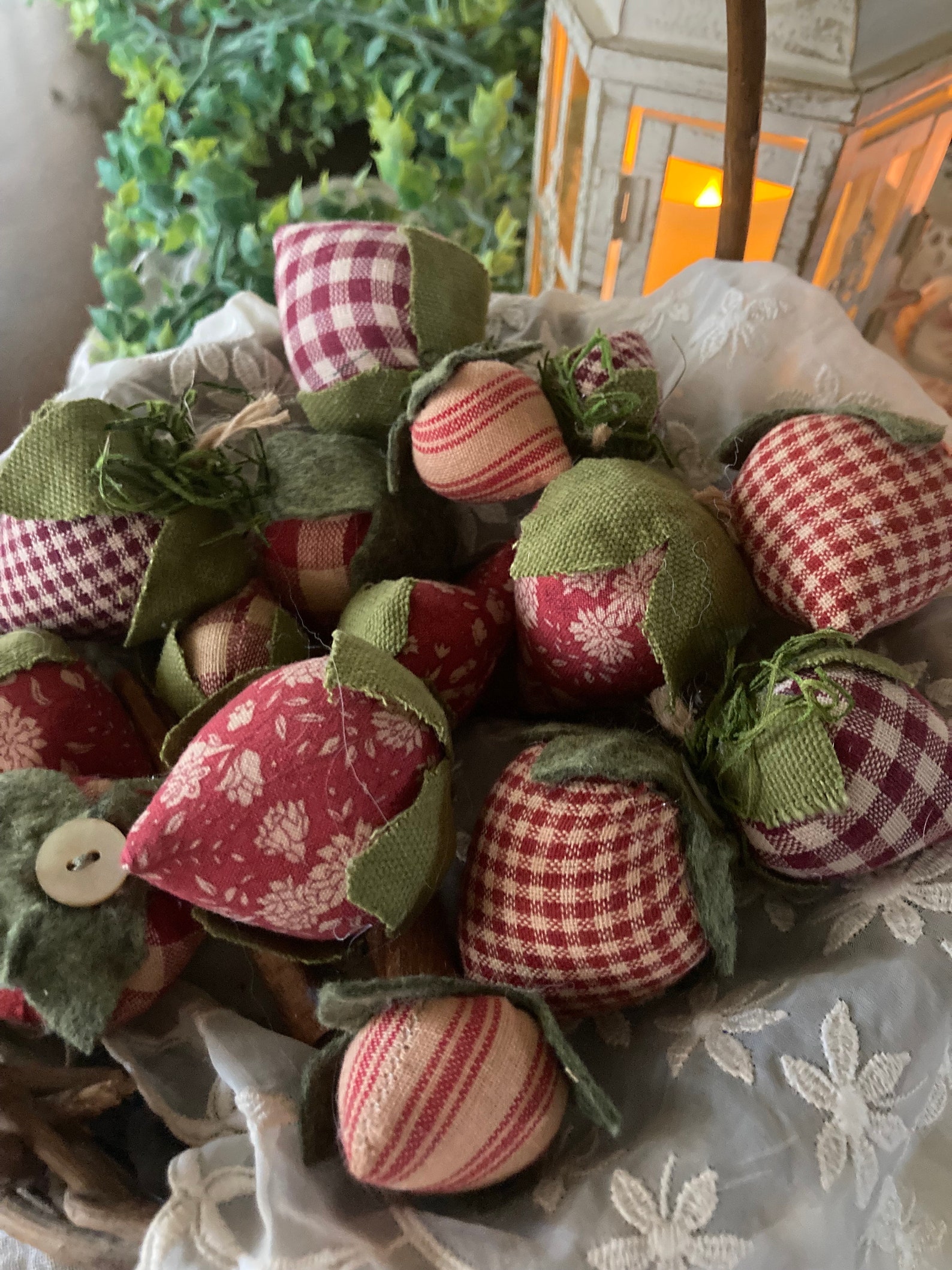 Fabric Strawberries primitive,vintage Farmhouse Country Spring Cottage Bowl Fill, Tiered Tray ...