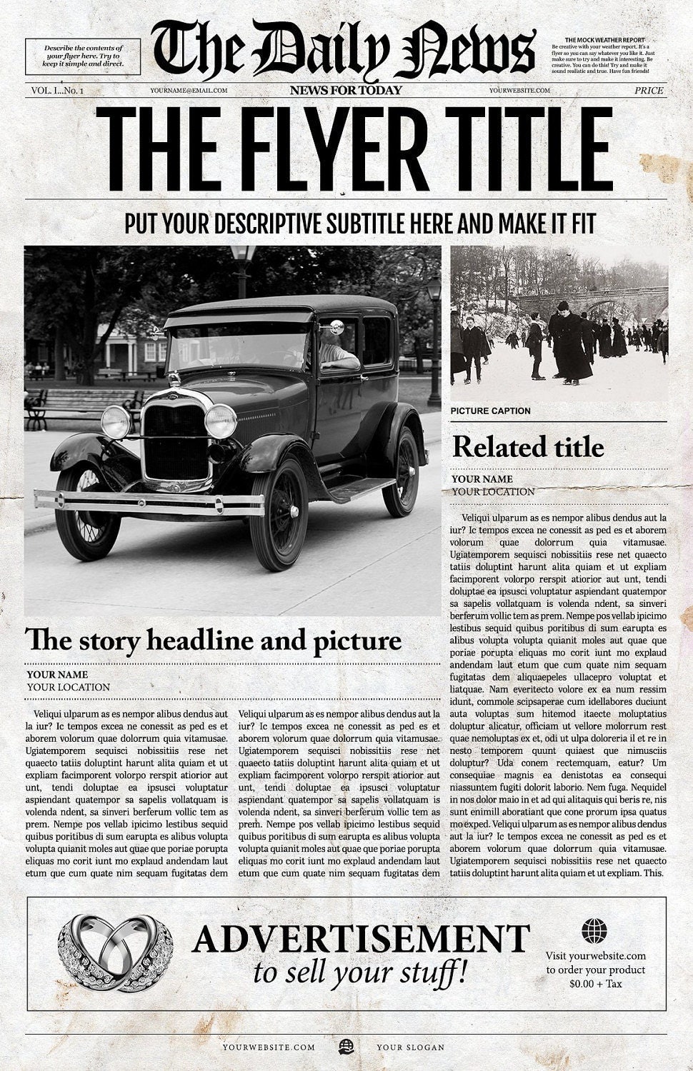 Vintage Newspaper Template for Adobe Photoshop - 1 Page - 11x17 Inches ...