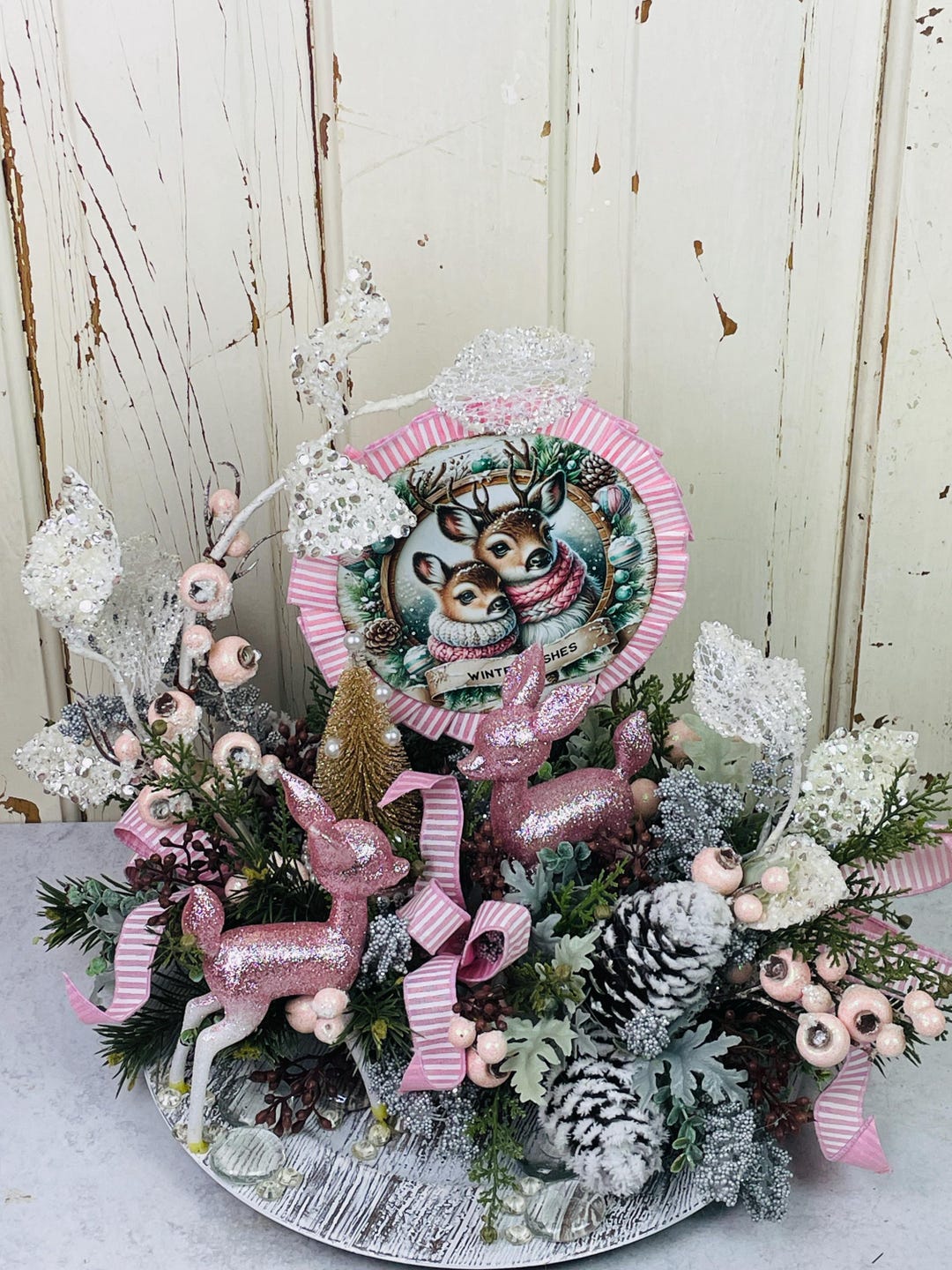 Pink Winter Deer Centerpiece, Woodland Animal Seasonal Decor, Winter ...