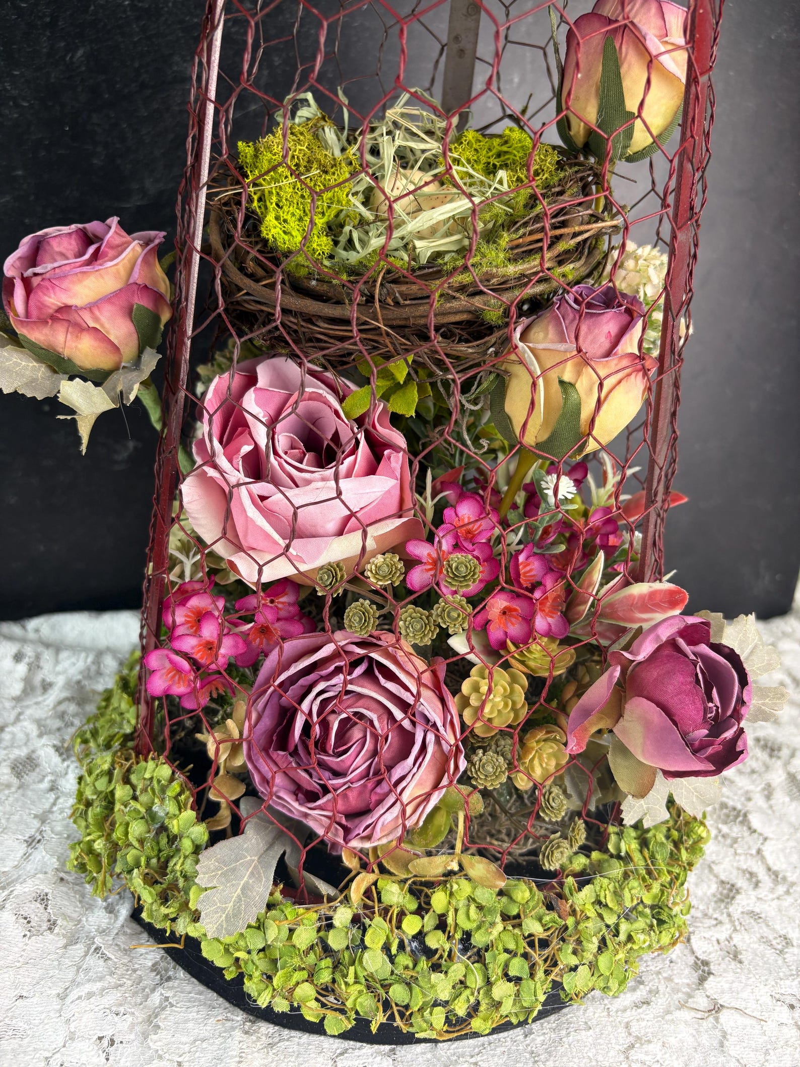 Floral Arrangement With Pink Roses & Bird Nest, Romantic Cottagecore ...