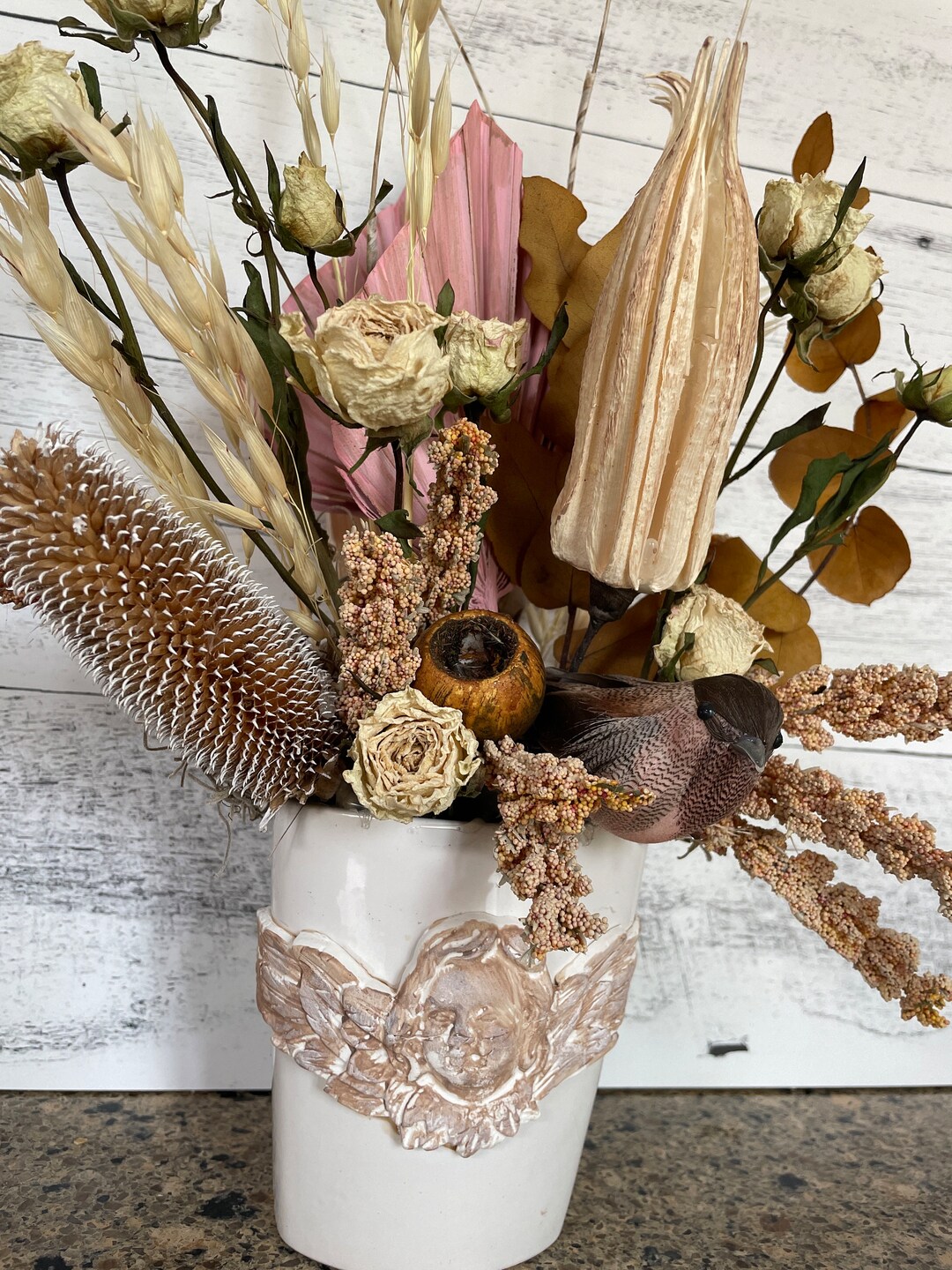 Neutral Dried Floral Table Arrangement, Preserved Flower Pot, Boho ...