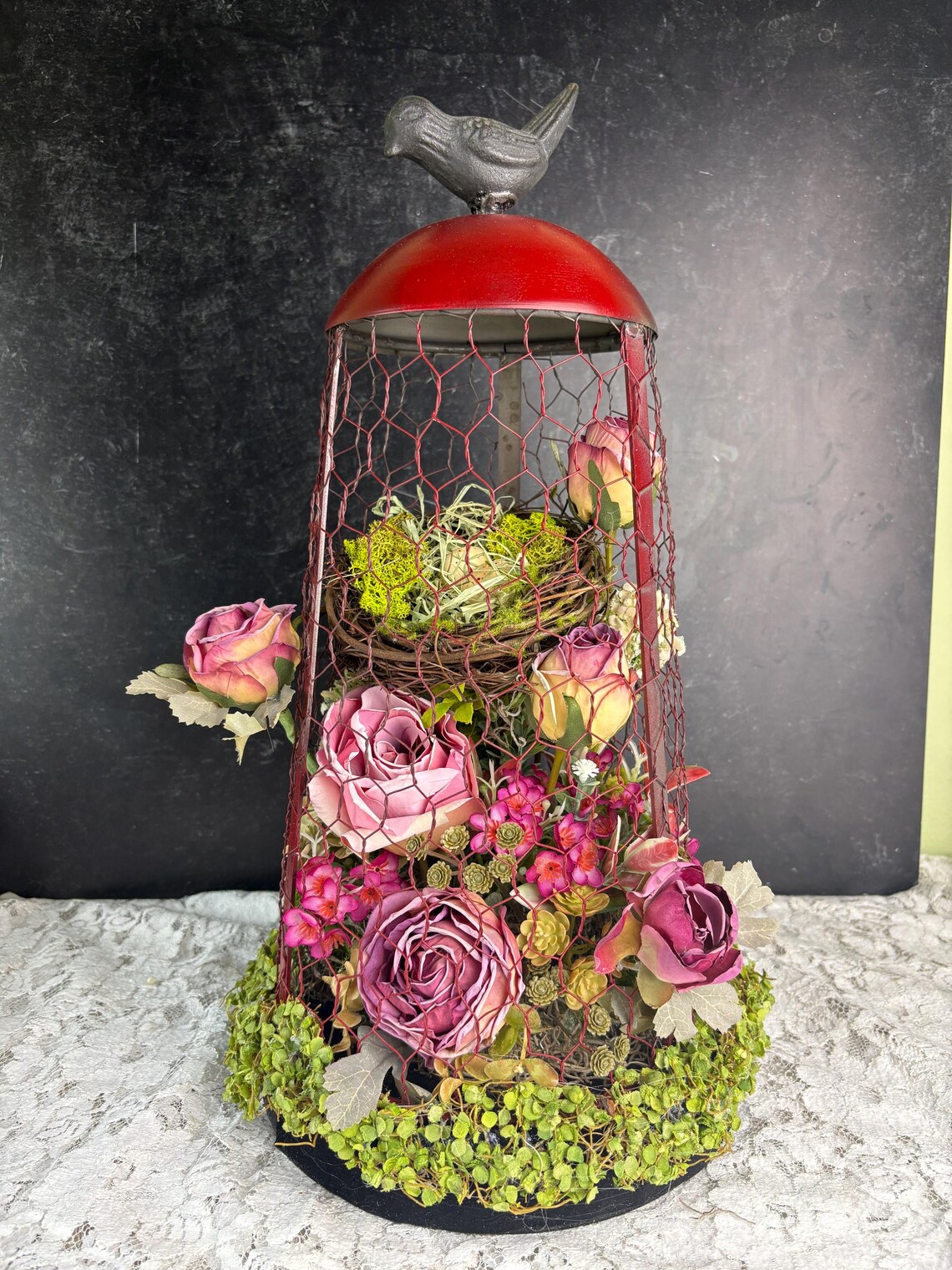 Floral Arrangement With Pink Roses & Bird Nest, Romantic Cottagecore ...