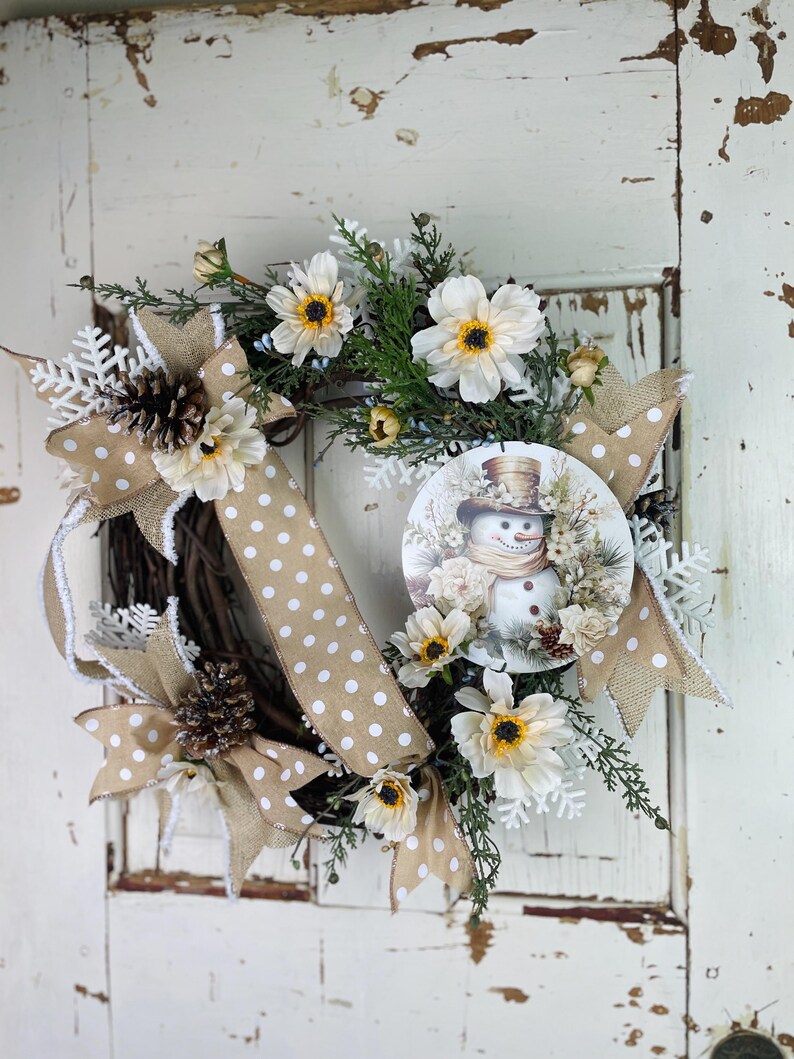 Snowman Winter Wreath for Front Door, Rustic Winter Sign With Florals ...