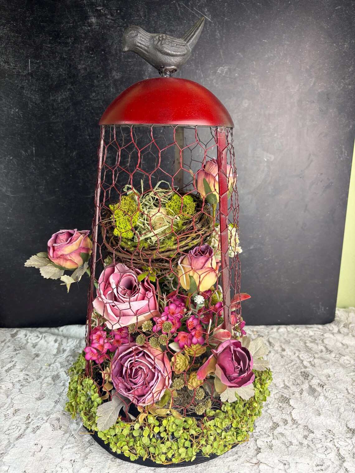 Floral Arrangement With Pink Roses & Bird Nest, Romantic Cottagecore ...