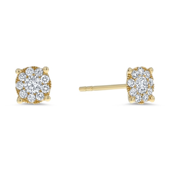 18K Gold Diamond Halo Cluster Stud Earrings. Round Shaped Diamond Halo Cluster Stud Earrings. Stud Earrings. Gold Earrings