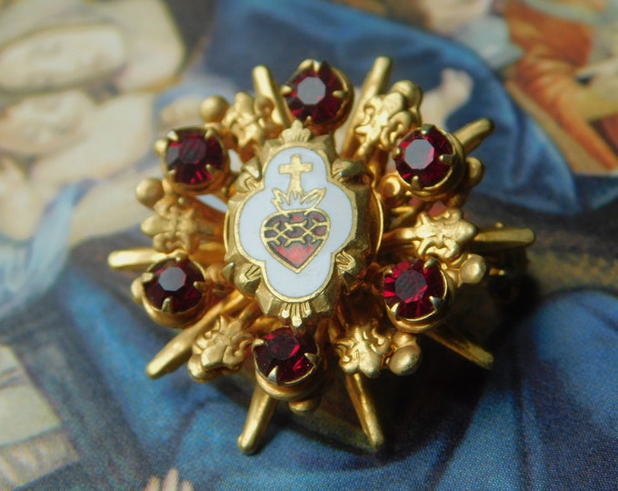 Catholic Sacred Heart Pin With Enamel Shield, Fleur De Lis, Red ...