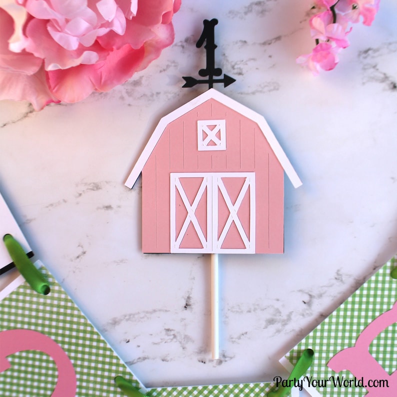 Mini Pink Barn Cake topper with Age Glitter Farm Party Decor | Etsy