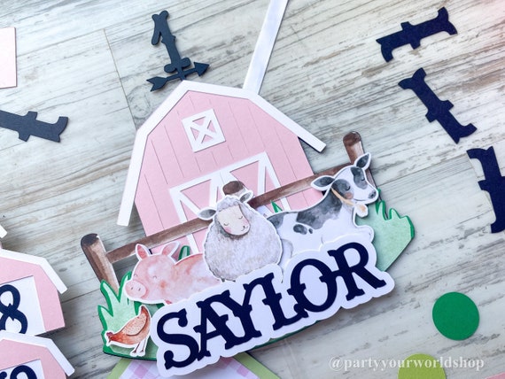 Barnyard Animals Cake Topper with Name and Age, Personalized Pink Farm ...
