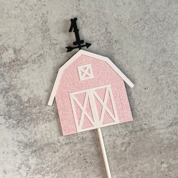 Mini Pink Barn Cake topper with Age, Glitter Pink Farm Party Decor ...