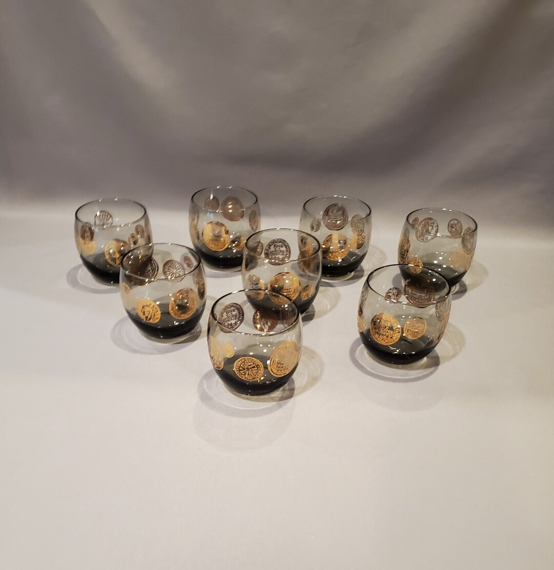 Bar Glasses, Federal Roly Poly Glasses, Set of 8 Roman Coin Pattern ...