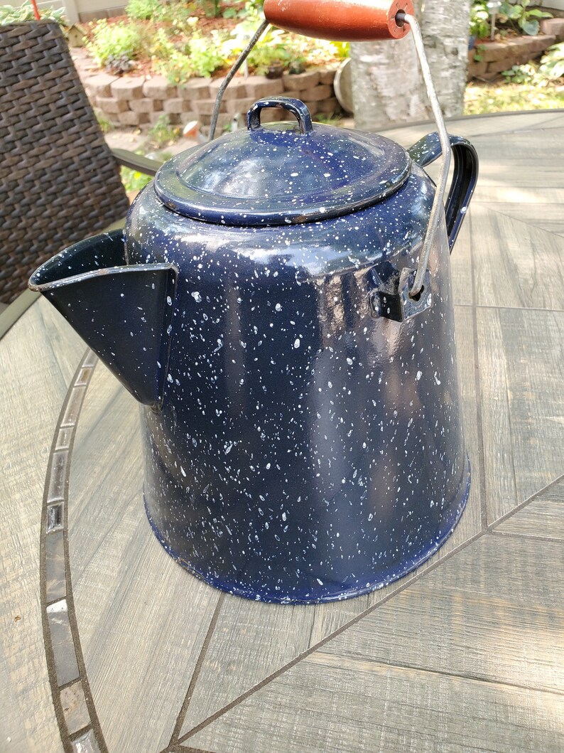 Enamelware Coffee Pot in Blue Speckled Enamel With a Red Bail Handle ...