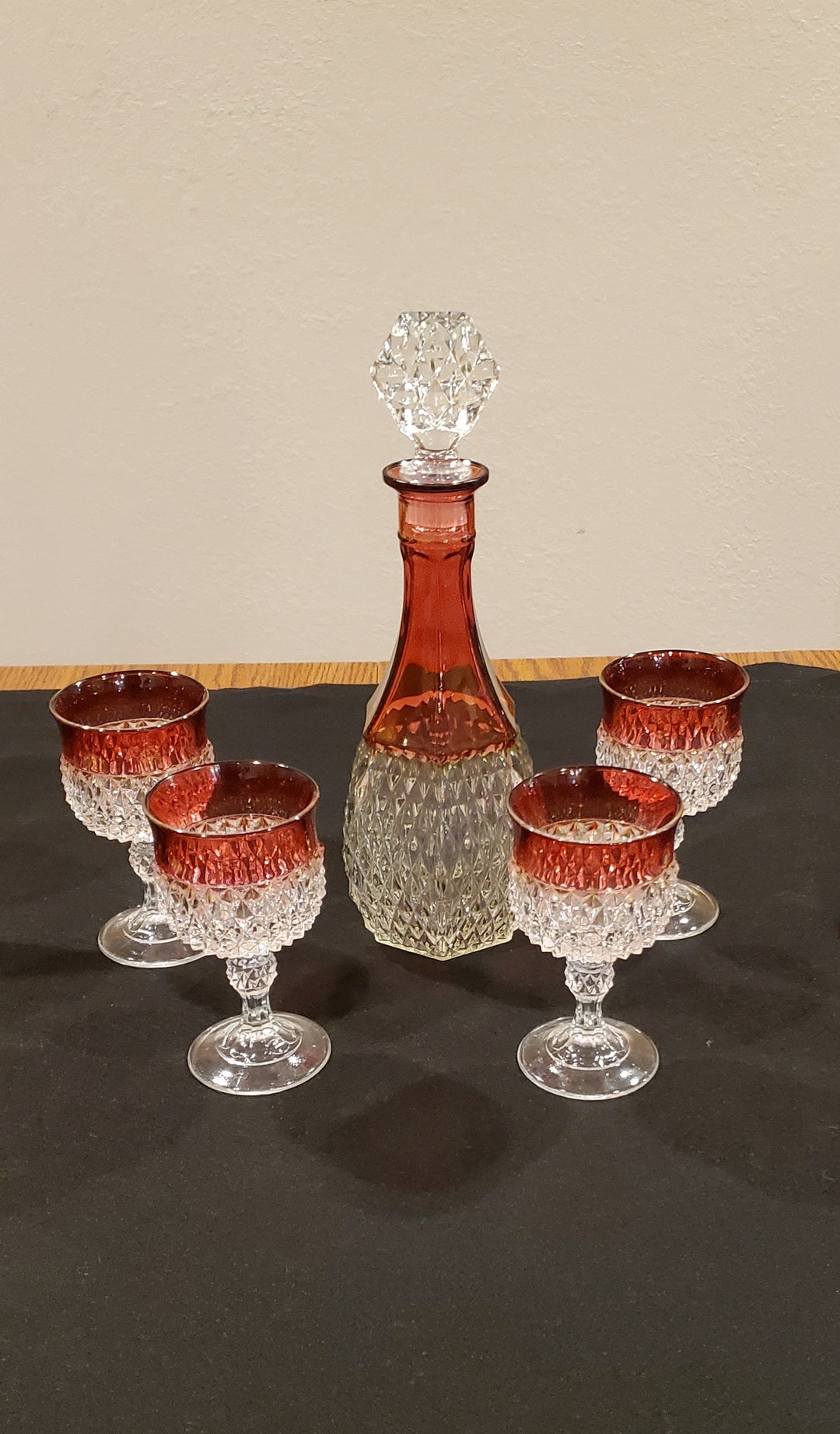 Indiana Glass Ruby Diamond Point Glassware, 6 Piece Set Wine Decanter ...