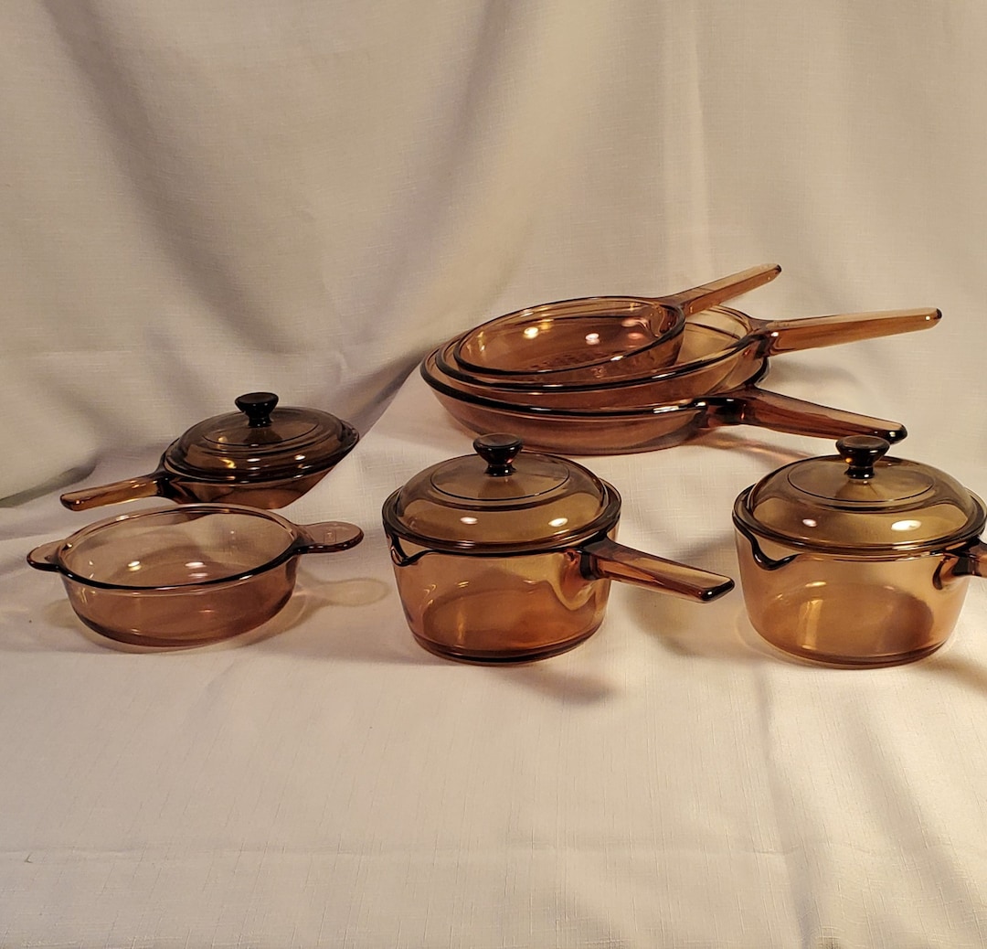 Corning Ware Amber Visions 10 Piece Set, 3 Sauce Pans 3 Fry Pans and 1 Grab It, 3 Lids ...