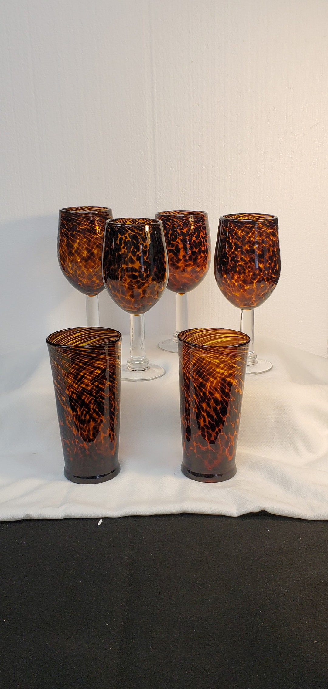 6 Piece Set of MCM Hand Blown Tortoise Shell Glassware, Mid-mod ...