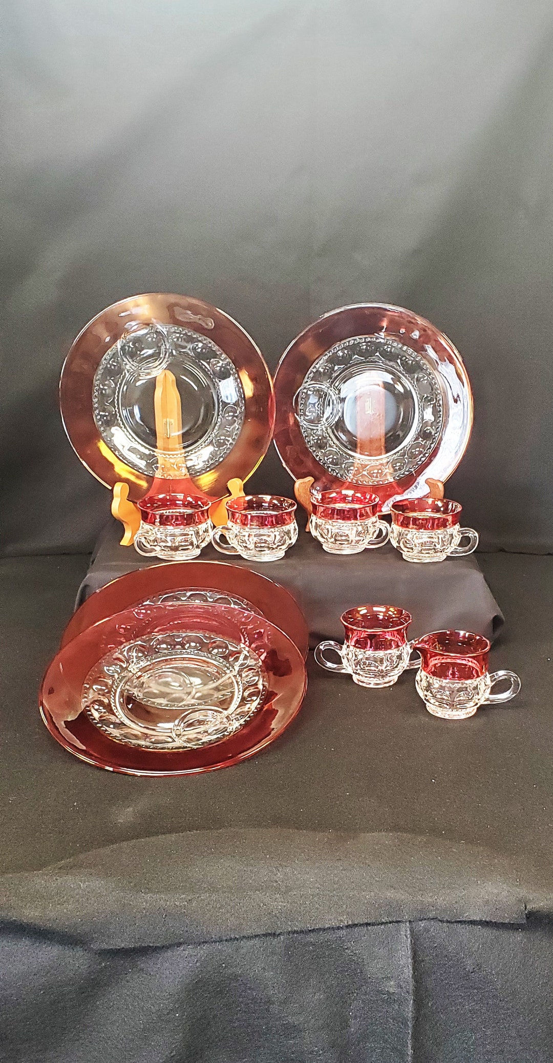 Vintage 10 Piece Kings Crown Ruby Snack Set, Ruby and Clear Glassware ...